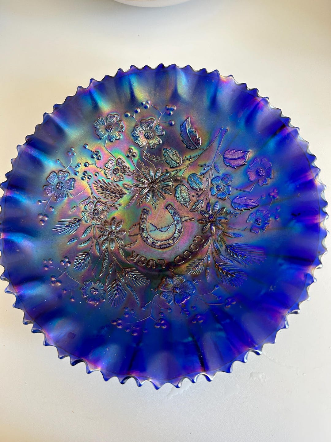 Blue Carnival Glass Good Luck Bowl. - Etsy