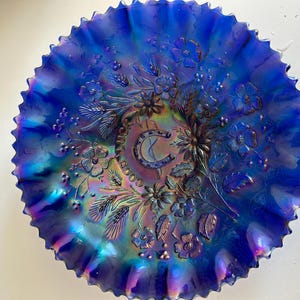 Blue Carnival Glass Good Luck Bowl. - Etsy