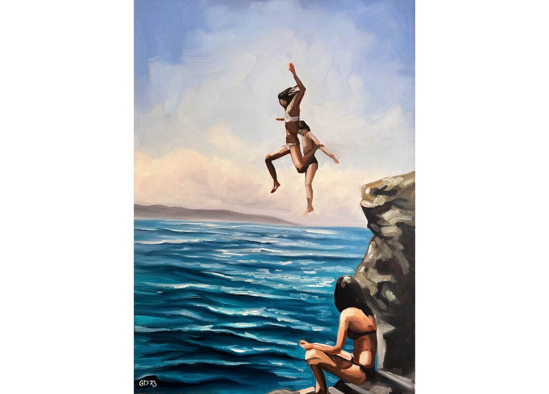 Swimmers Painting Swimming Original Art Jump in Water Coastal Seascape ...