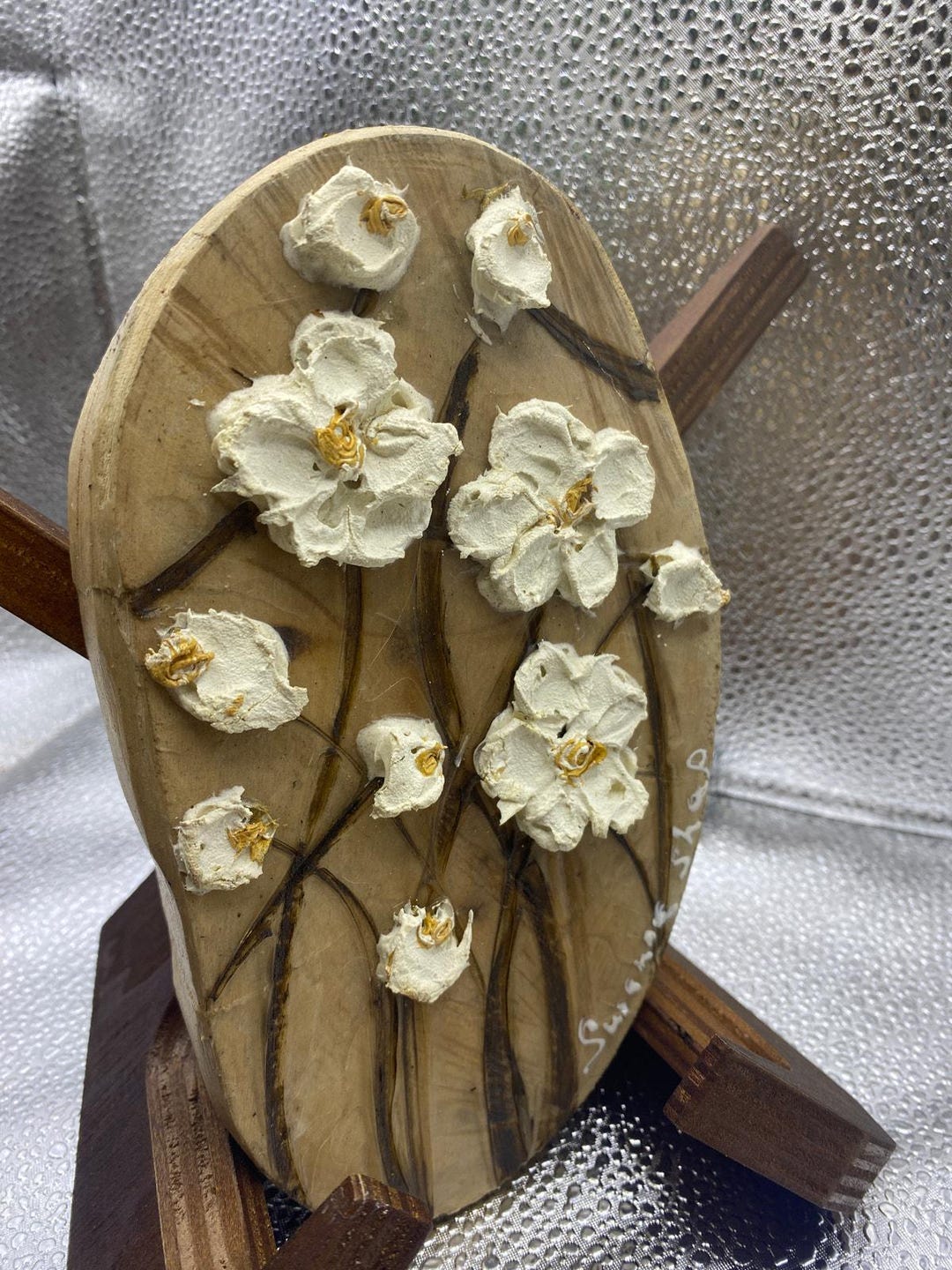 Oval Miniature White Flowers Oil Painting on Wood, Tactile Organic Art ...