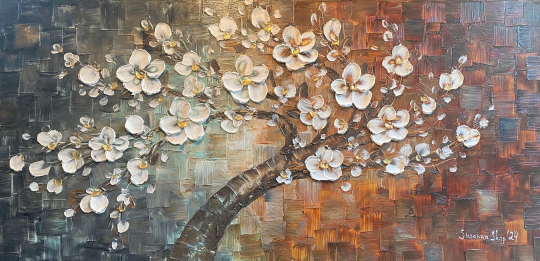 Large ORIGINAL Art Textured Tree Painting Palette Knife Impasto White ...
