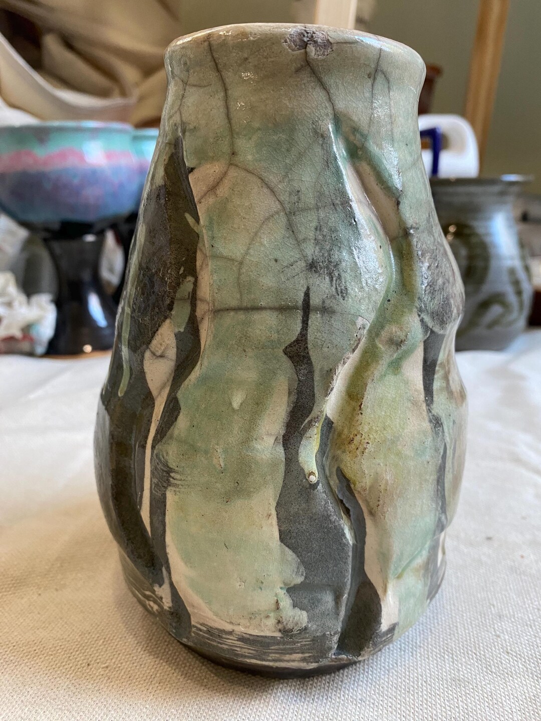 Modern Handmade Abstract Studio Art Pottery Vase Handpainted Seafoam ...