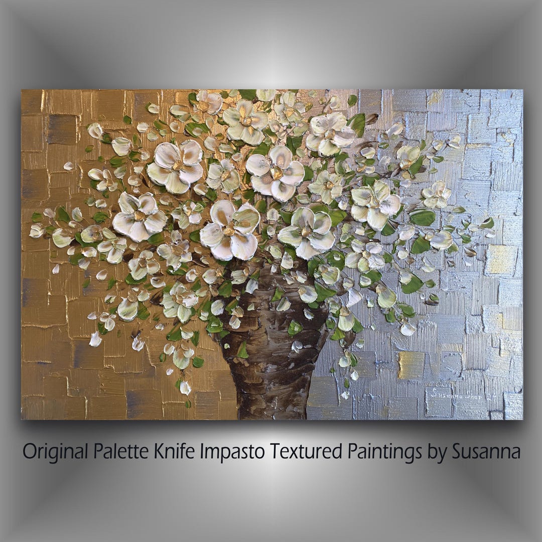 Art ORIGINAL Painting Impasto Textured White Flowers Bouquet on Canvas Palette Knife Impasto on ...
