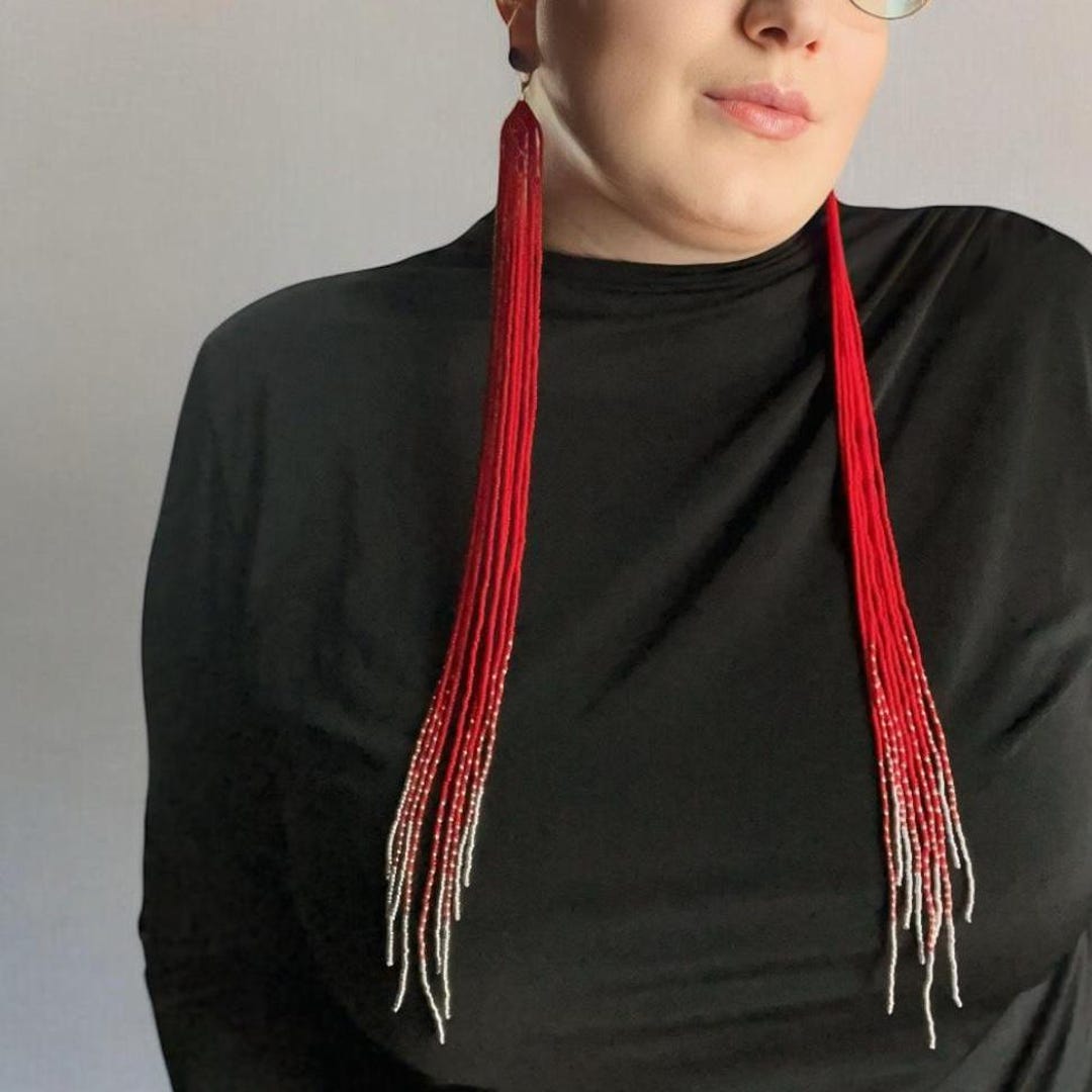 Red Extra Long Beaded Earrings: Handmade Boho Shoulder Dusters - Etsy