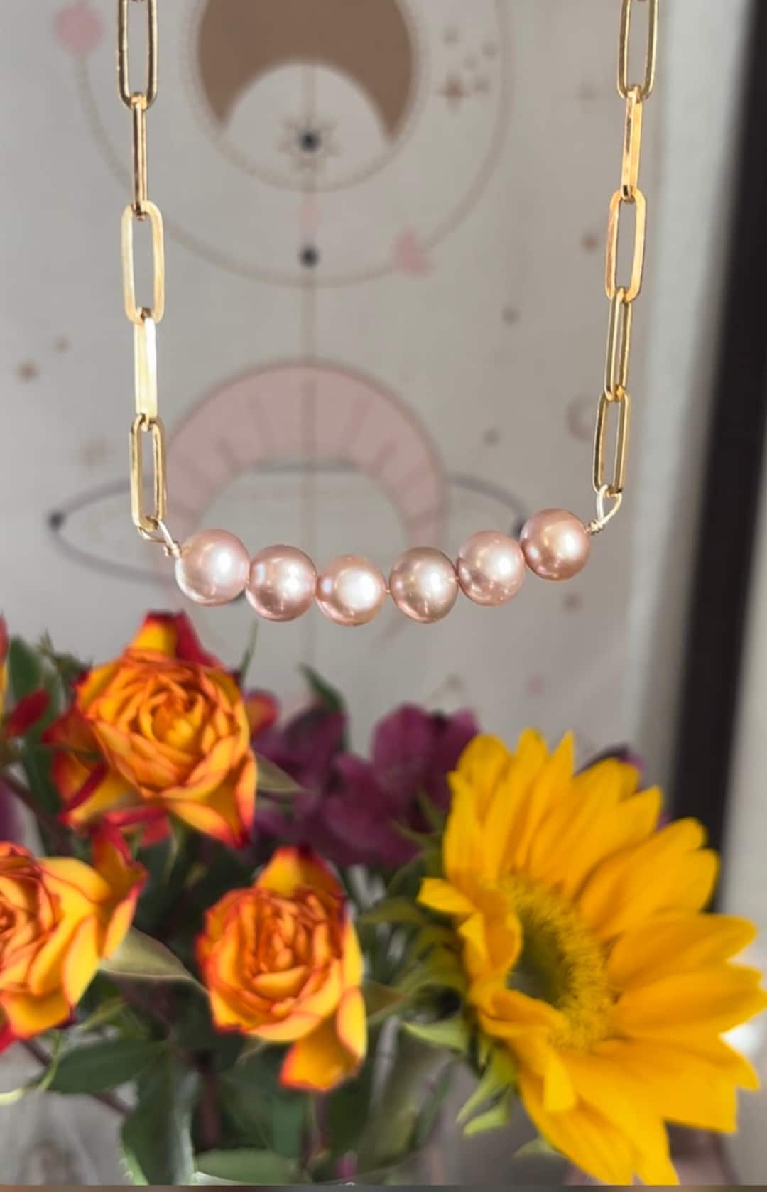 Real Pink Pearl Necklace Bar Necklace gold Filled Paper Clip Chain Gift ...