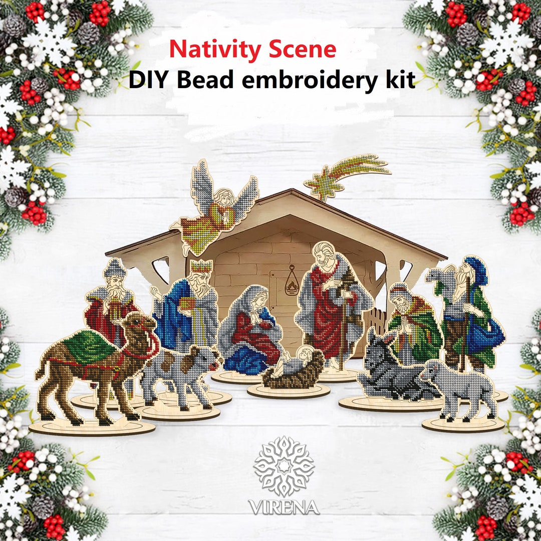 Wooden Nativity Scene DIY Bead Embroidery Kit, Christmas Bead Stitch ...