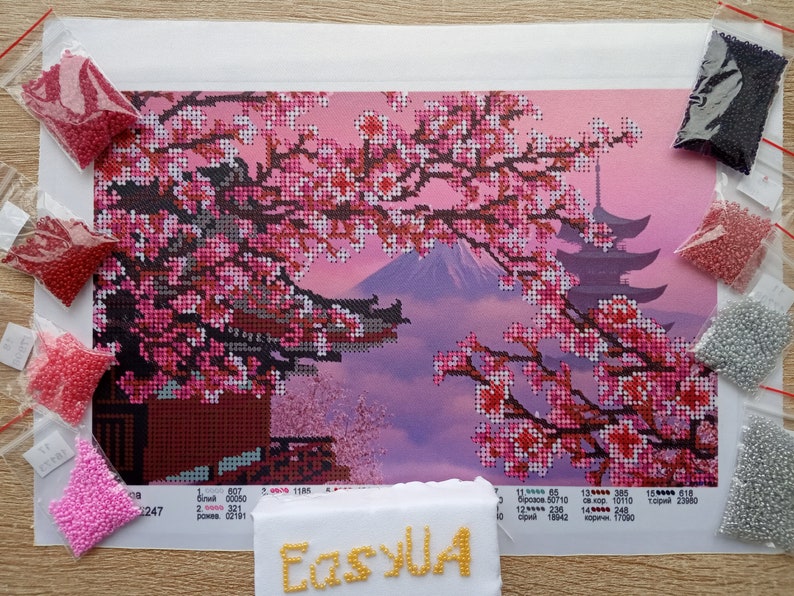 Sakura Blossoms Bead Embroidery Kit Beaded Pattern Needlepoint Kit DIY ...