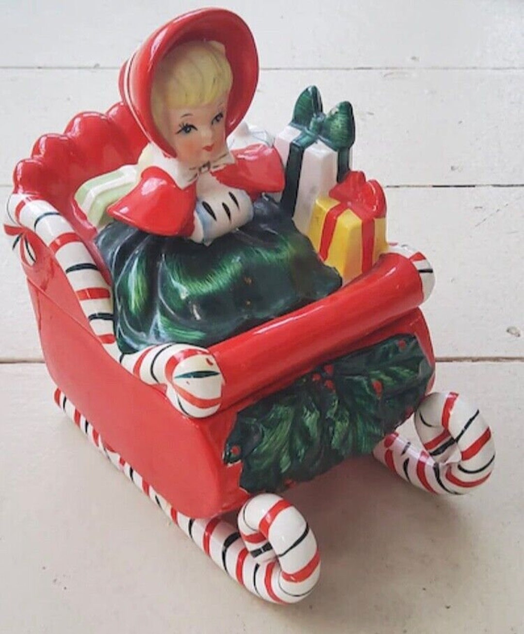 1957 Geo Z Lefton Shopper Girl Candy Cane Sleigh Figurine - Etsy