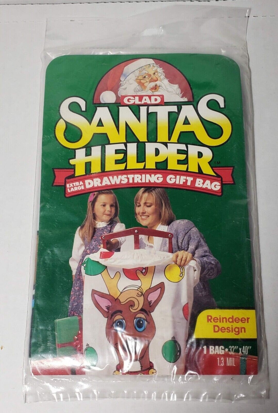 Vintage Christmas Huge Santas Helper Drawstring Gift Bag Reindeer ...
