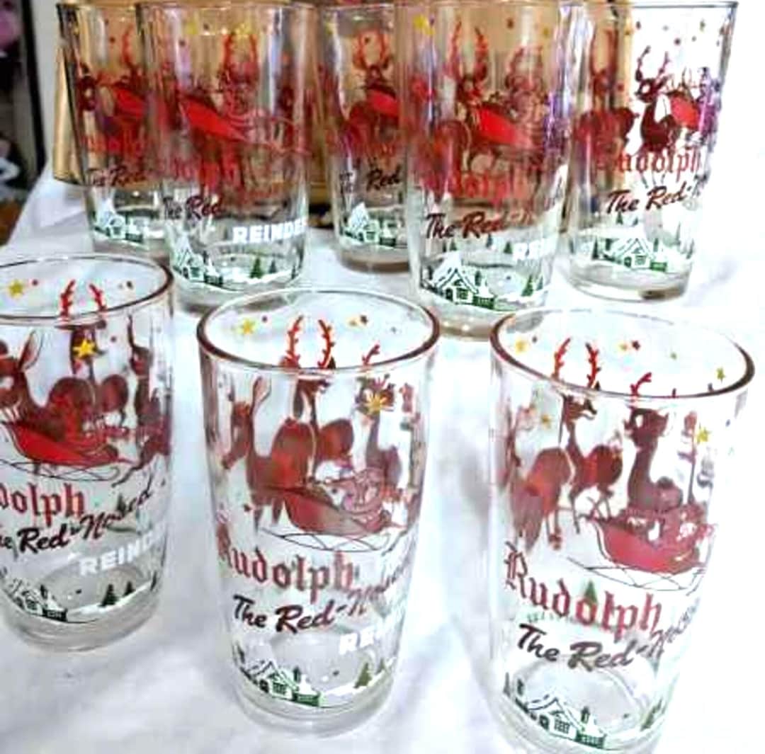 Retro Set of 8 Glasses Kentley RLM Rudolph the Red Nosed Reindeer ...