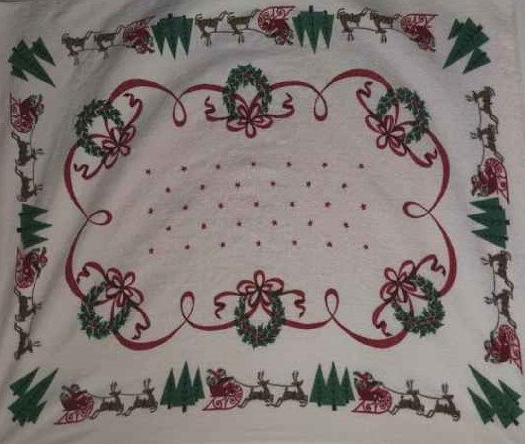 Vintage 1950's Christmas Terry Cloth Tablecloth Santa Reindeer Noel ...