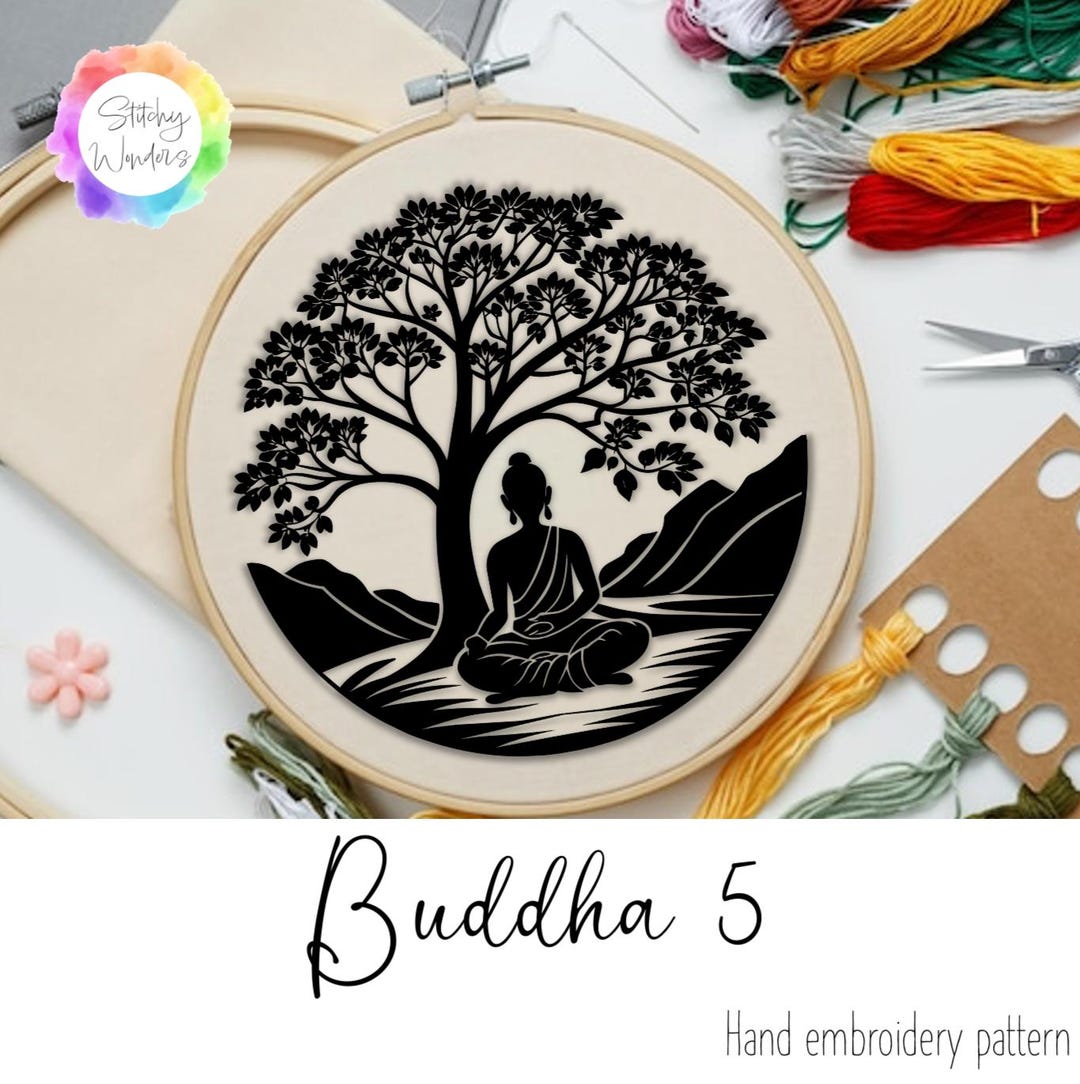 Hand-drawn Embroidery Pattern: Buddha 5 (printable Hoop Design Buddhist ...
