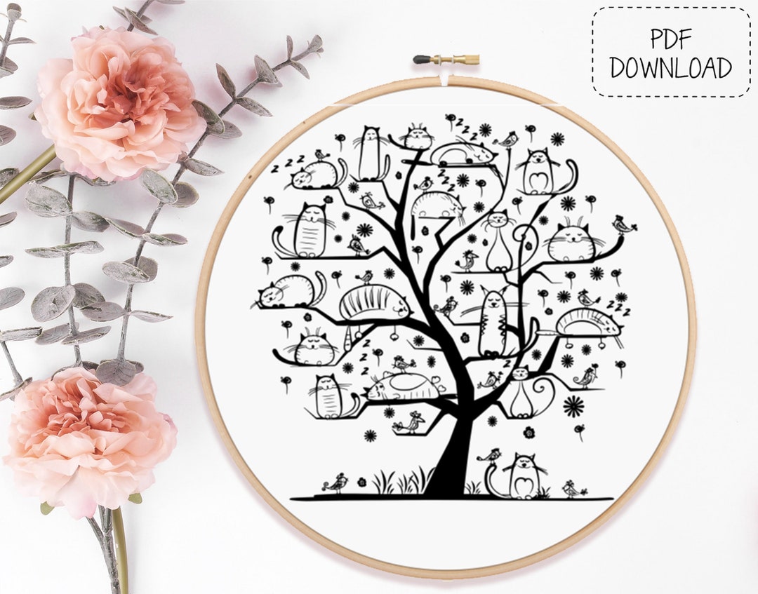 Hand Embroidery Pattern PDF Download 'tree of Cats' printable Hoop ...