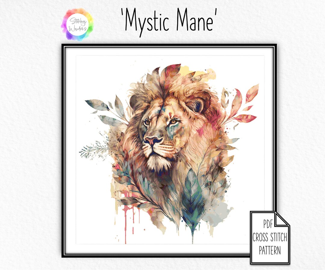 Cross Stitch Pattern - Mystic Mane - Lion Floral Watercolour Splatter Swirl Art Embroidery ...