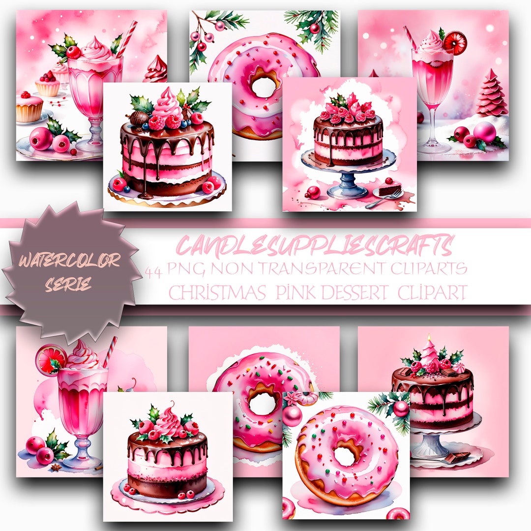 Festive Watercolor Christmas Pink Desserts Clipart Bundle 44pcs ...
