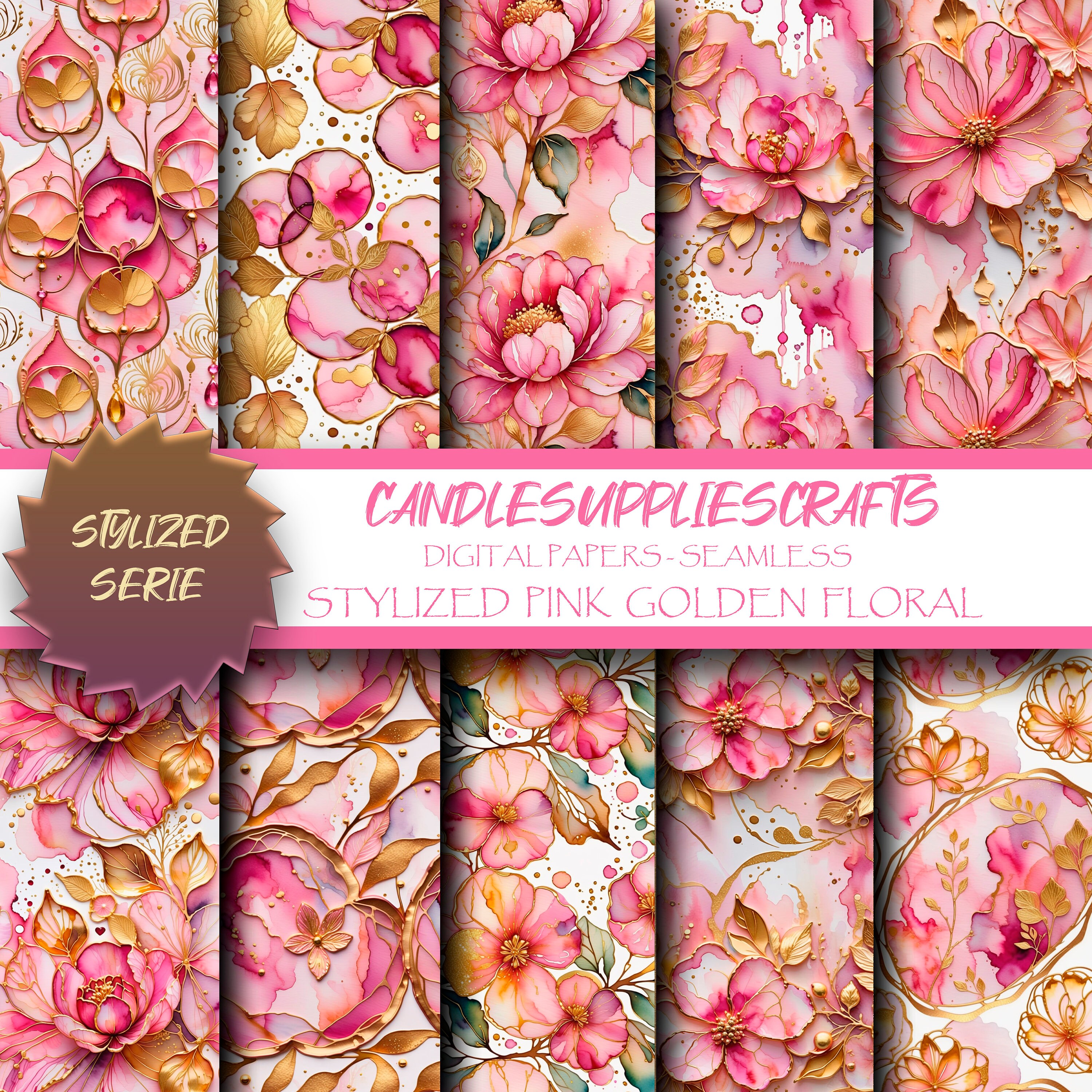 10 Stylized Pink Golden Floral Theme Digital Paper - Etsy