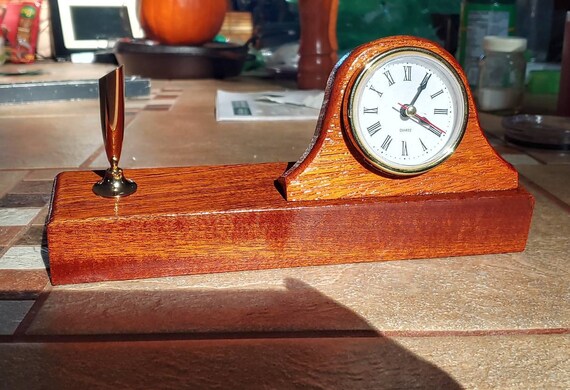 Solid mahogany desk clock pen holder. | Etsy