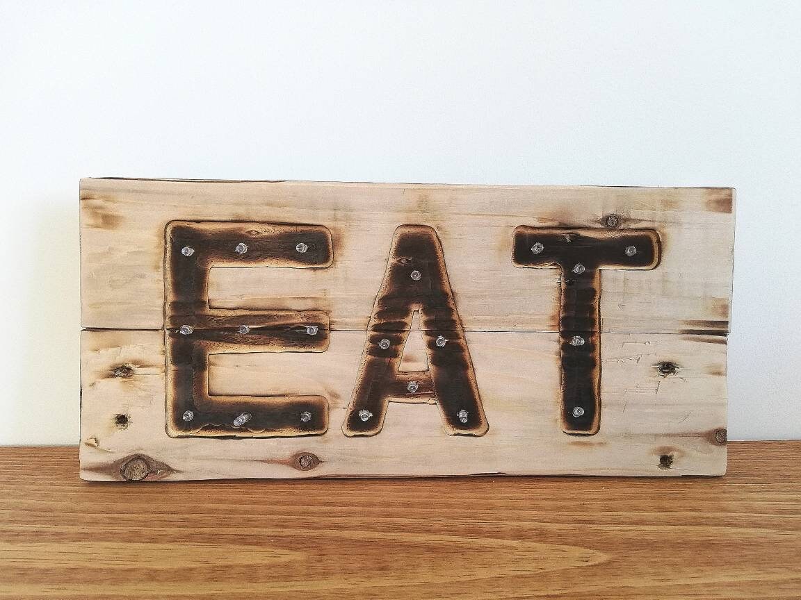 EAT kitchen light up sign Pallet wood sign Rustic wooden | Etsy