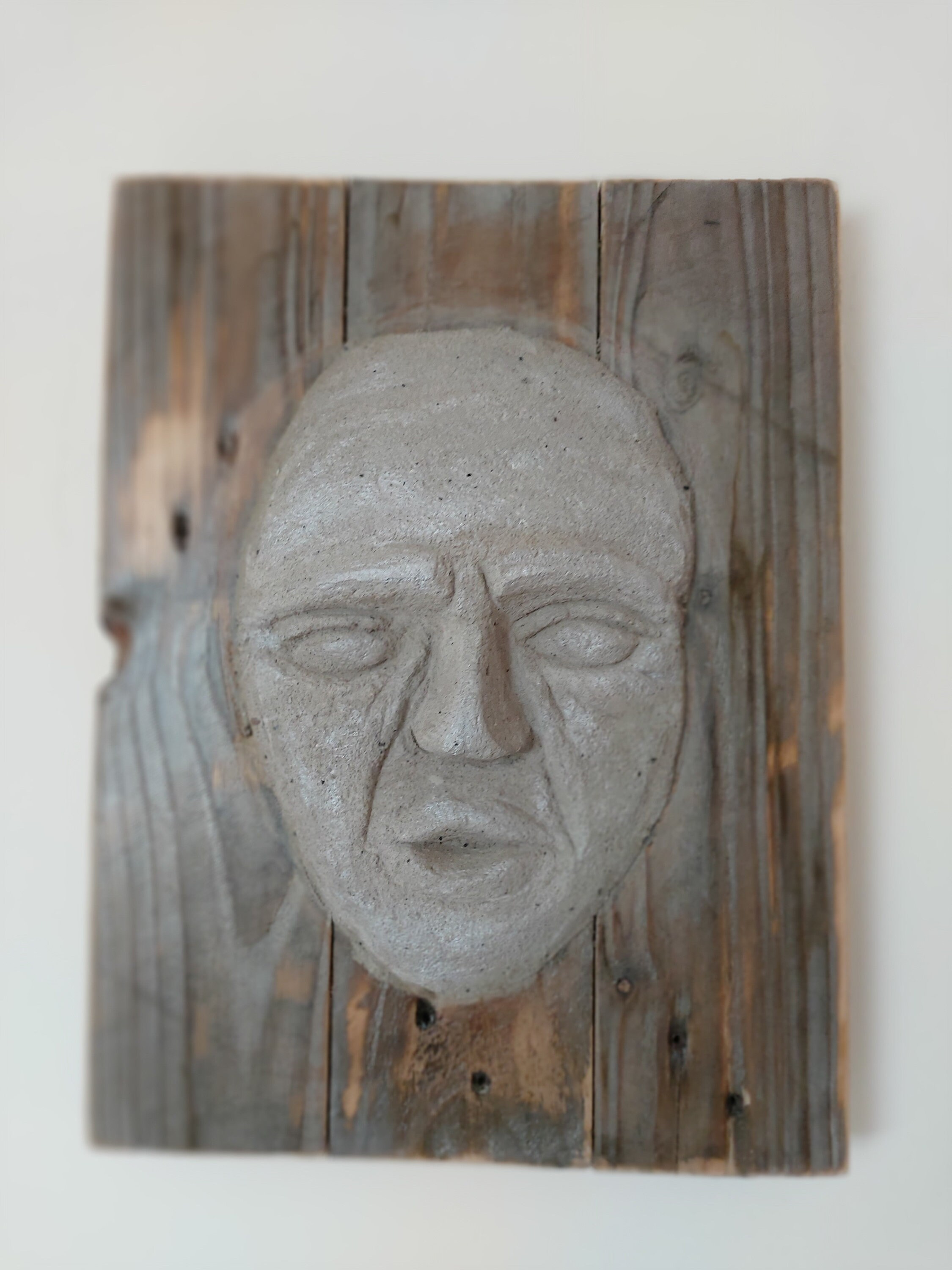 Stone face Sculpture pallet wood wall art Reclaimed wood grey | Etsy