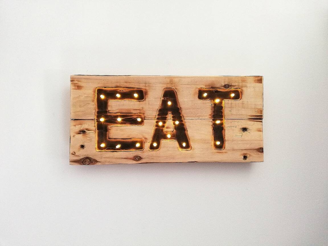 EAT kitchen light up sign Pallet wood sign Rustic wooden | Etsy