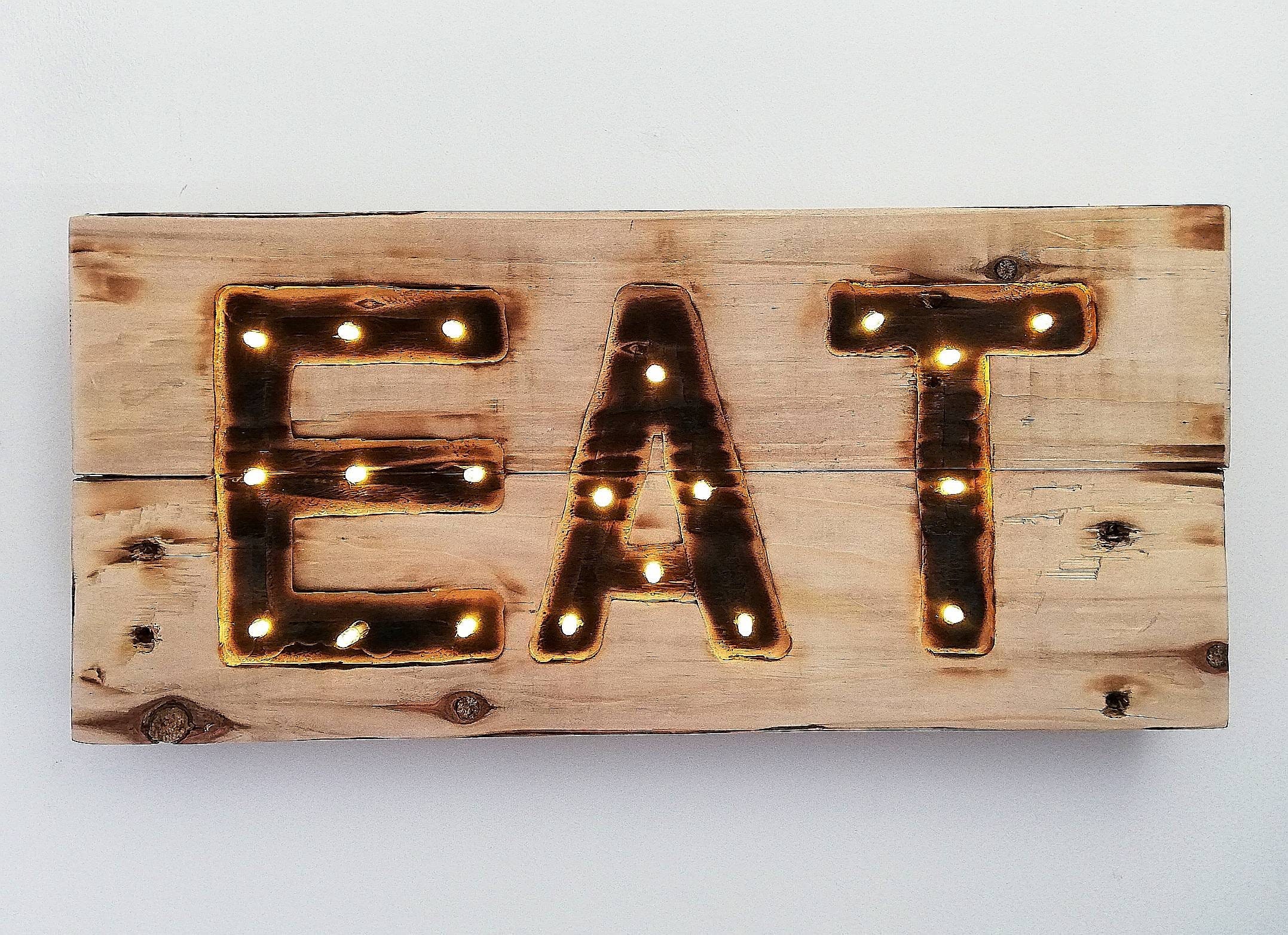 EAT kitchen light up sign Pallet wood sign Rustic wooden | Etsy