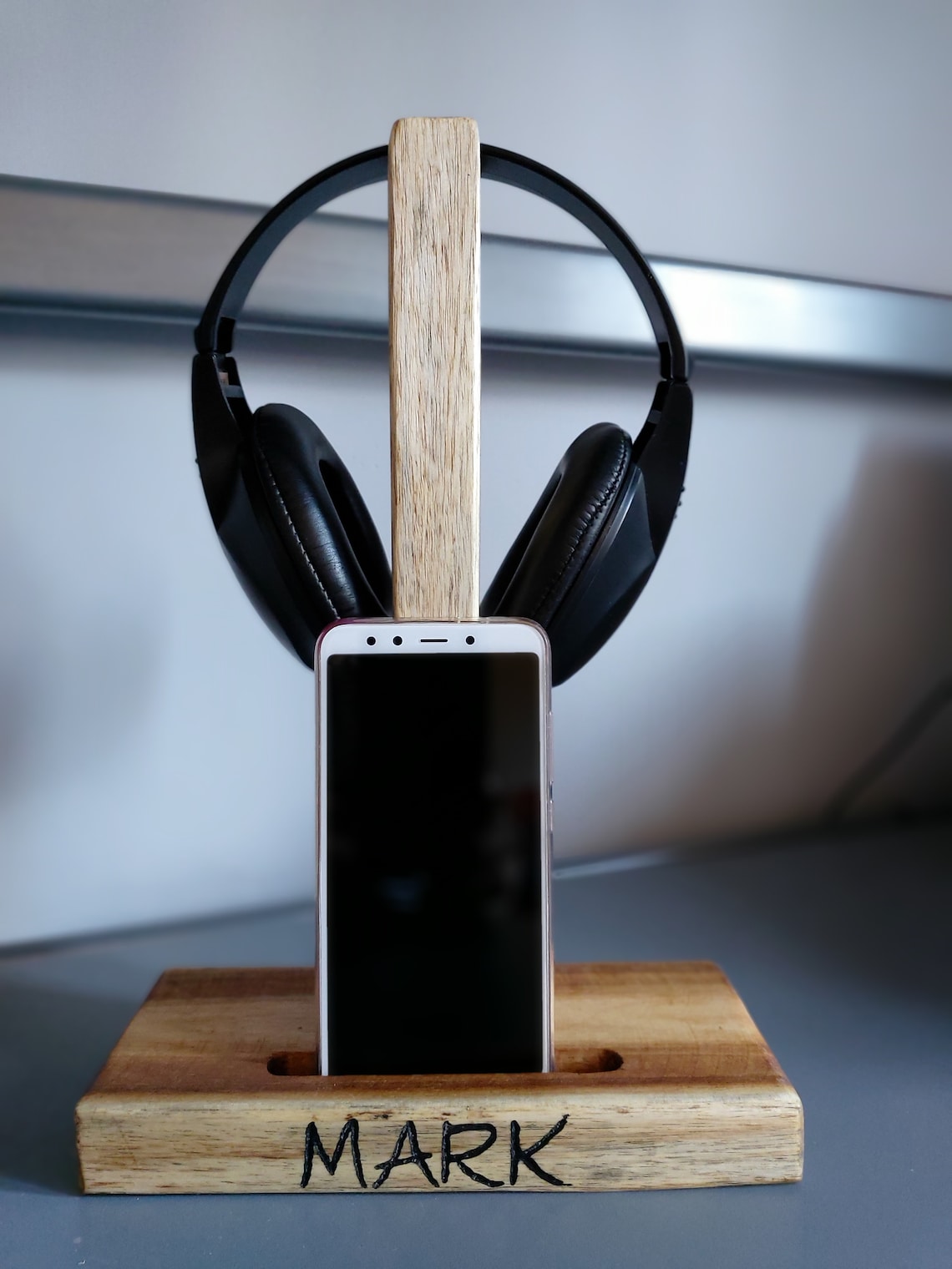 Phone headphone stand holder personalised Reclaimed oak | Etsy