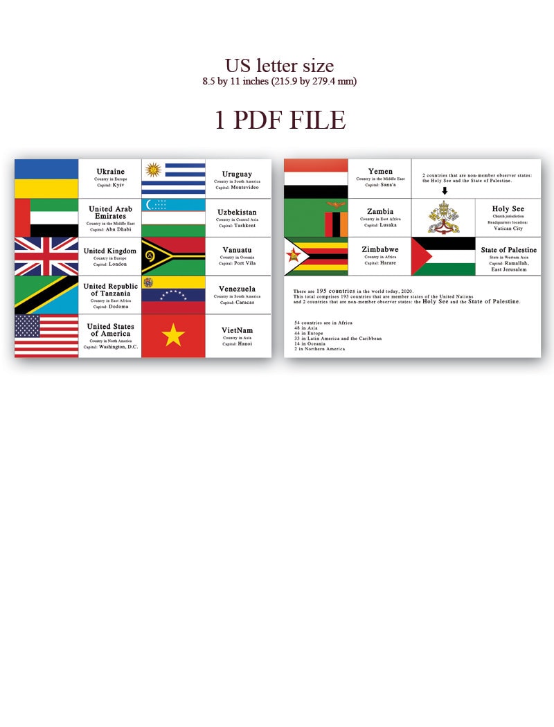 195 Countries Flash Cards, Learn for Beginner - DIGITAL DOWNLOAD - PDF ...
