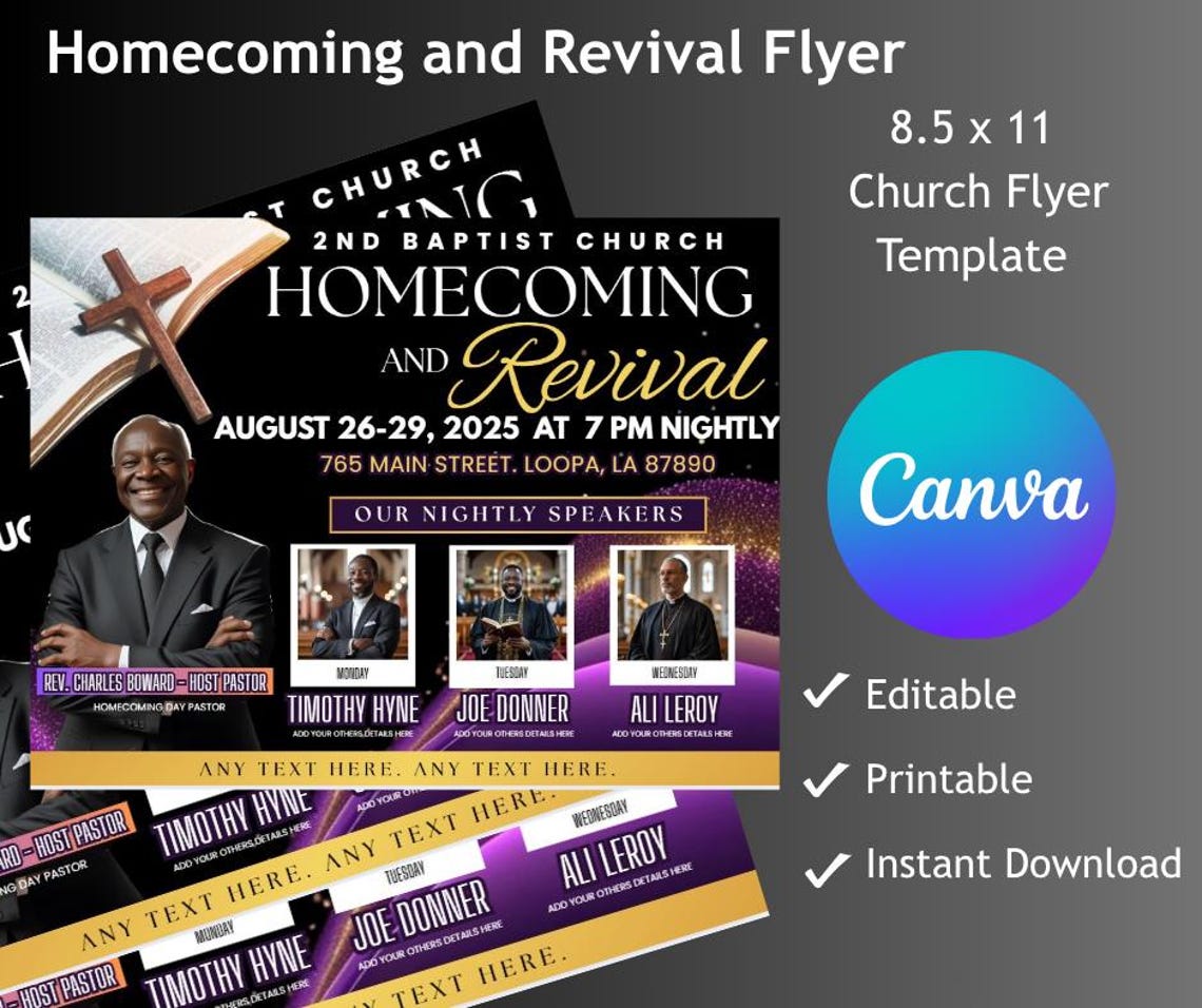 Church Homecoming Revival Flyer Template, Canva Editable (digital ...
