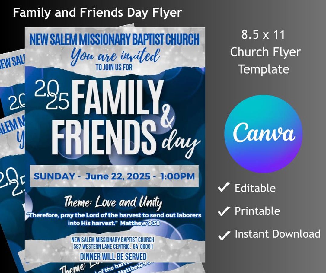Church Family and Friends Day Flyer Template, Blue and Silver, Canva ...
