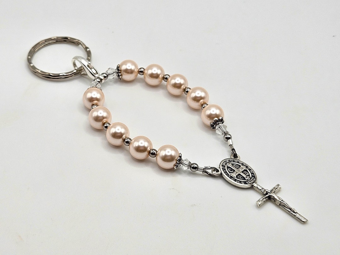 Glass Bead Keychain Rosary, Salmon Pink Rosary, Travel Rosary, Pocket ...