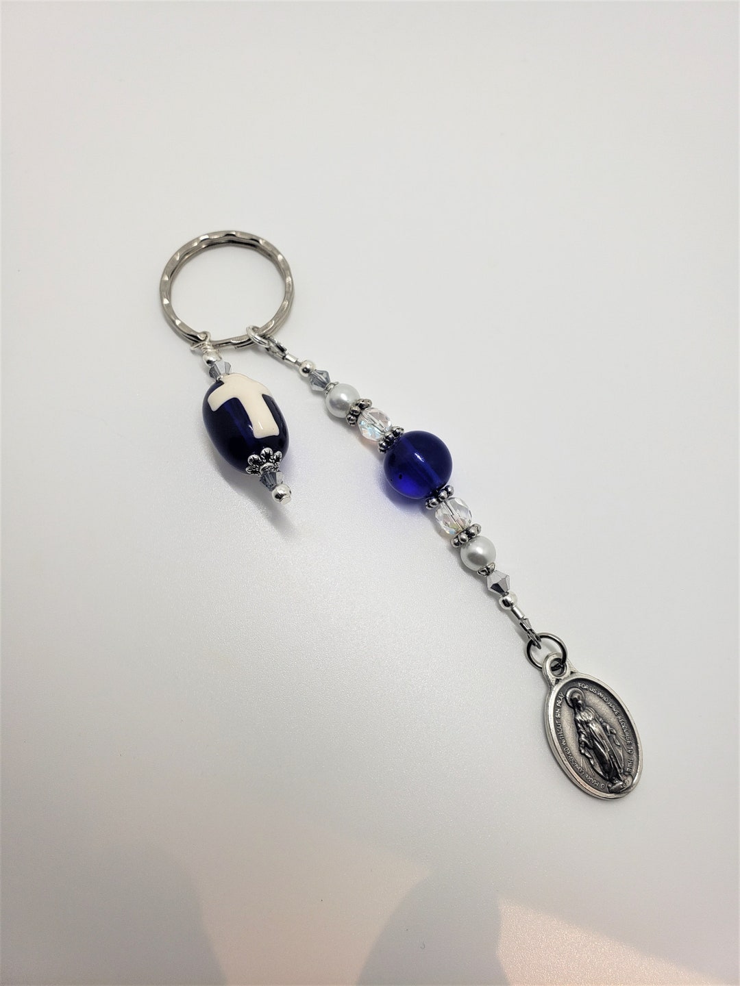 Miraculous Medal Keychain, Blue Glass Keychain, Religious Keychain ...