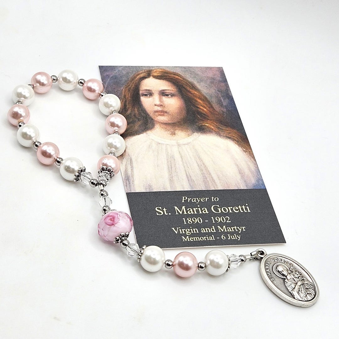 St. Maria Goretti Rosary Chaplet, Beautiful Dainty Pink and White Pearl ...