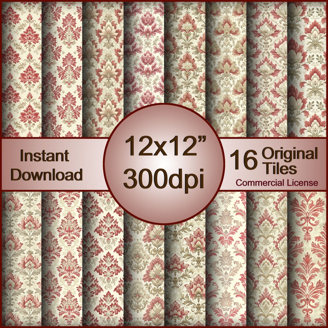 Dusky Red Damask Pattern, Digital Paper Set (instant Download) - Etsy