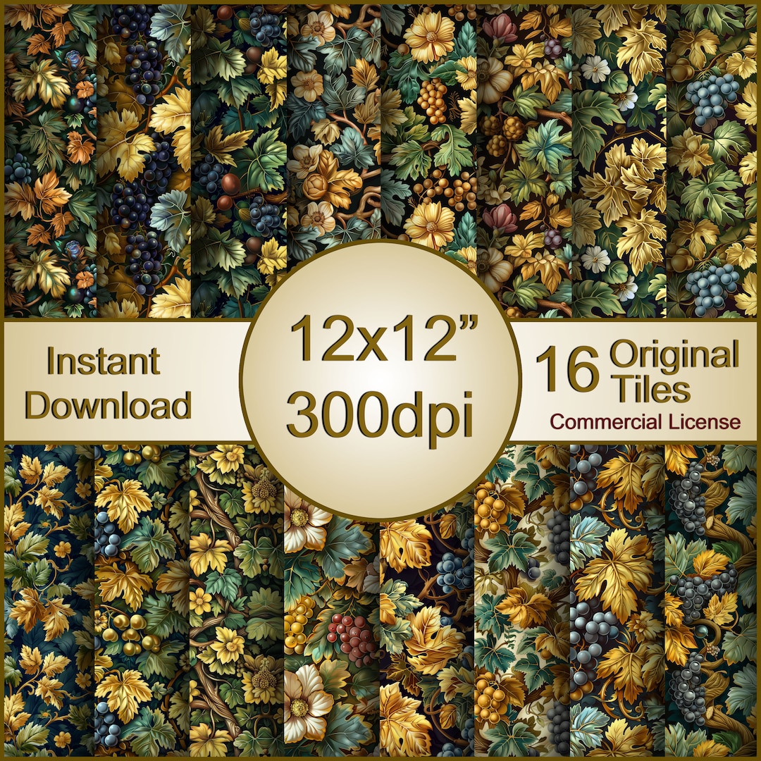 Floral Pattern Grape Vine Set 4, Seamless Pattern, Digital Papers ...