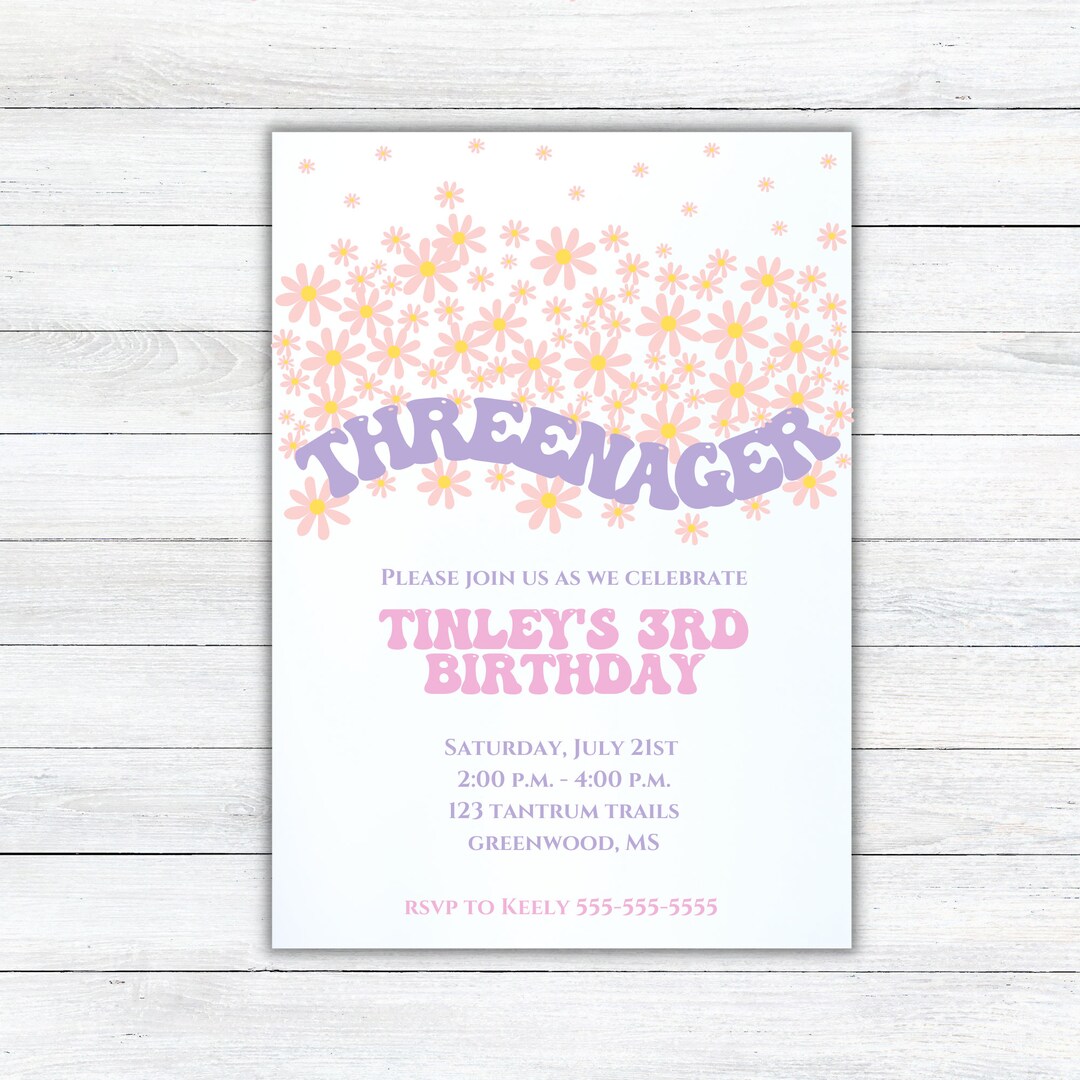 Threenager, Girl Third Birthday Invitation Template, Daisy Flower Power ...