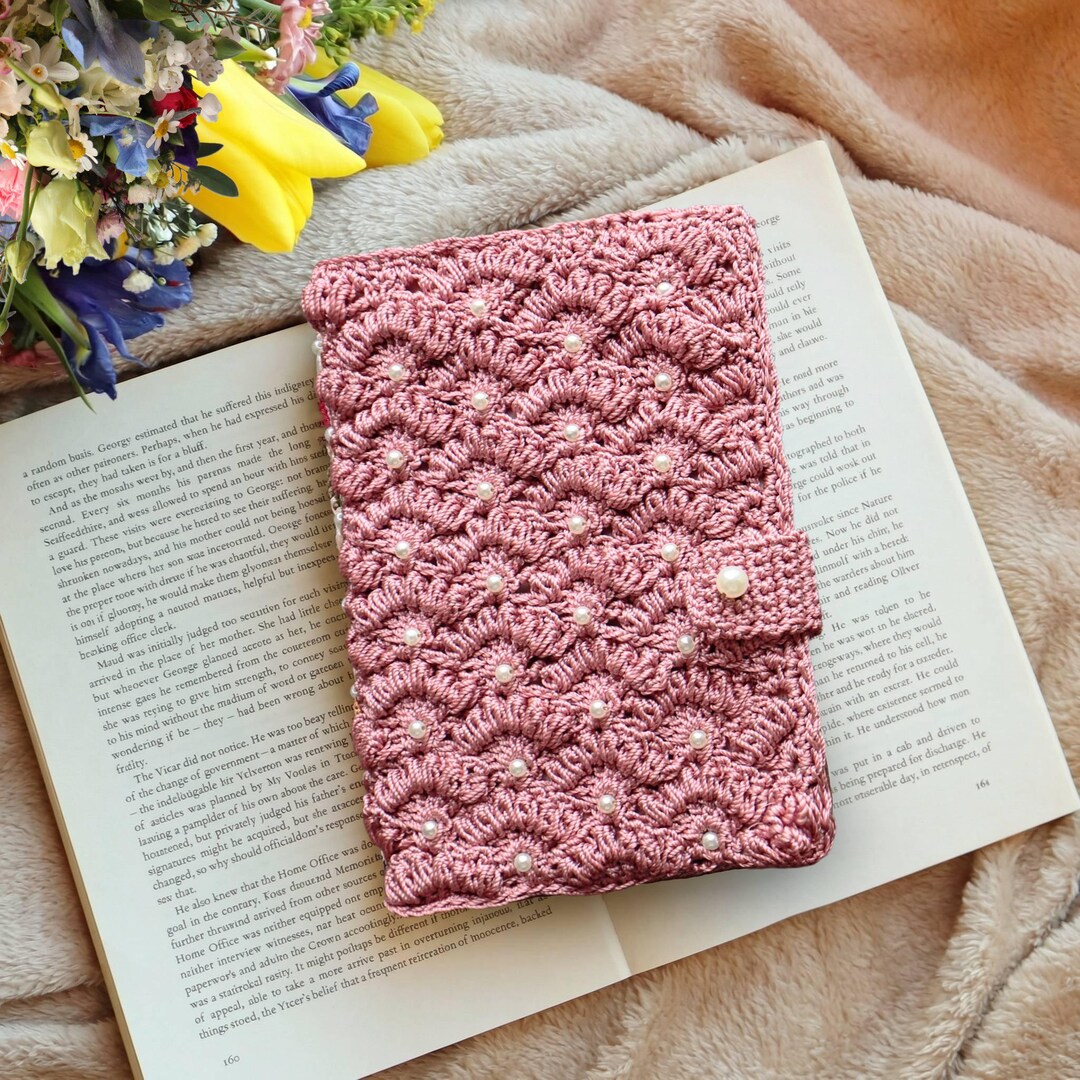 Crochet Book Cover Pattern, Puff Stitch Shell Fan Design, With Pearls ...