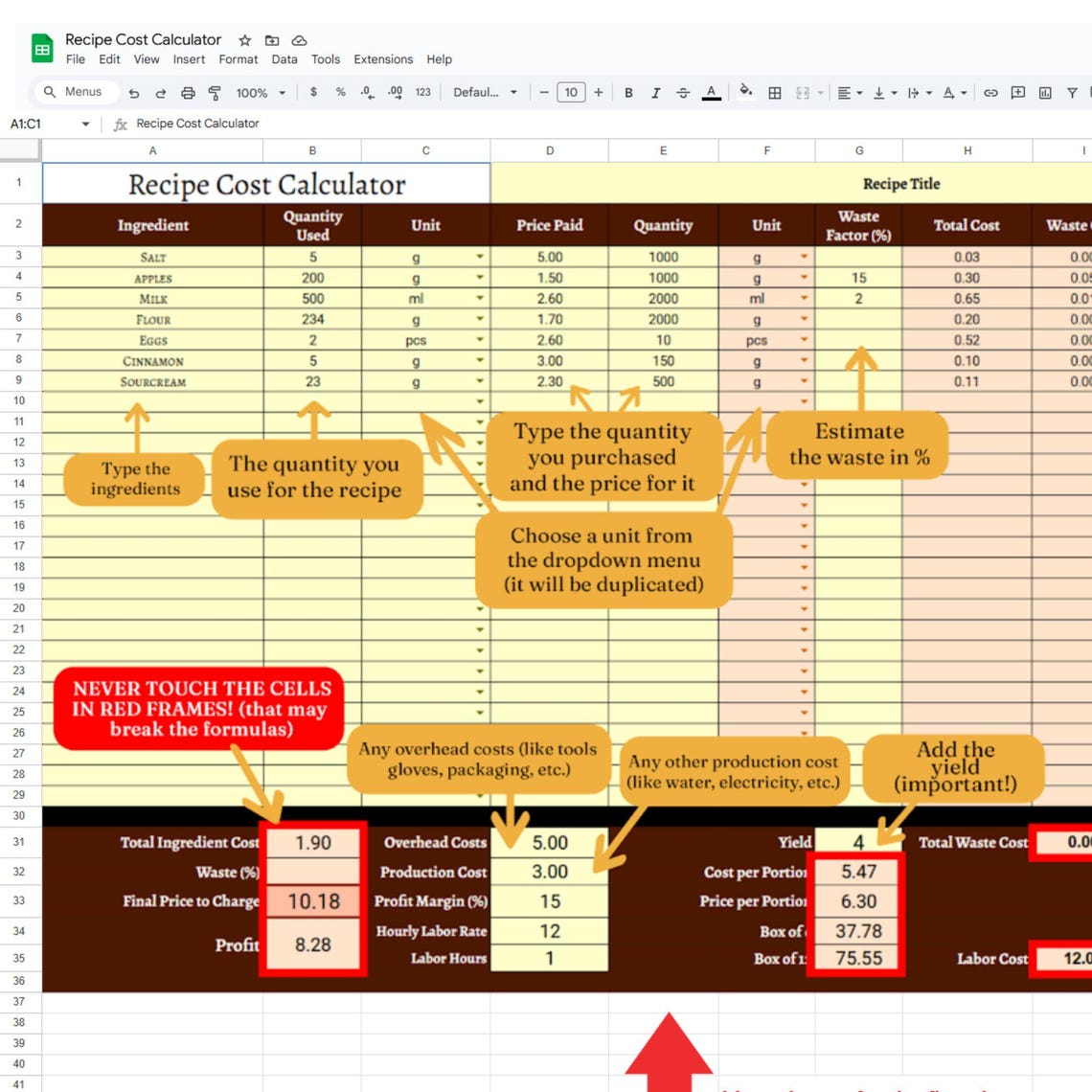 Bakery Cost Calculator: Recipe Pricing Spreadsheet (google Sheets ...