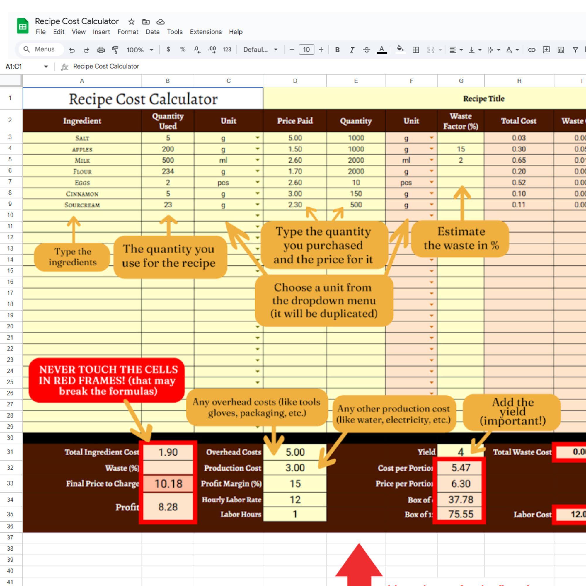 Bakery Cost Calculator: Recipe Pricing Spreadsheet (google Sheets ...