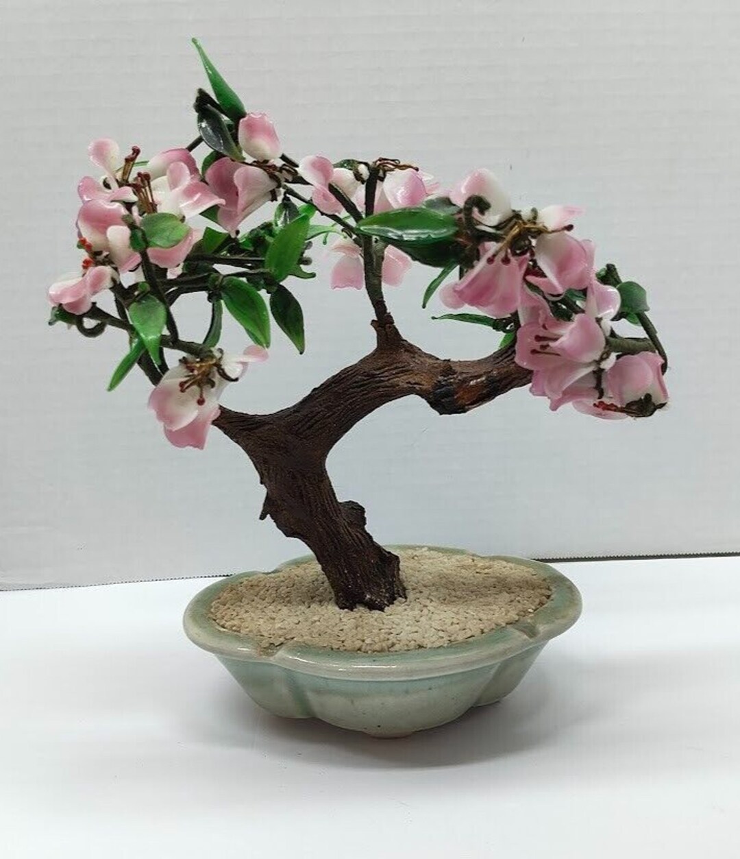 Vintage Chinese Peking Glass Stone Jade Cherry Blossom Bonsai Tree Pink ...