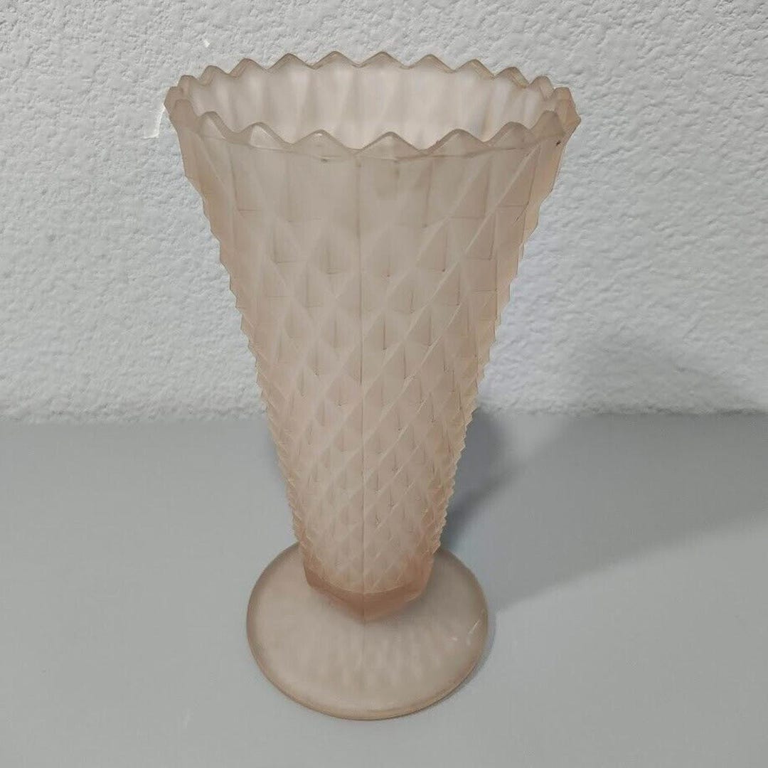 Vintage Frosted Pink Glass Triangle Pattern Vase 8" MCM Indiana Glass ...