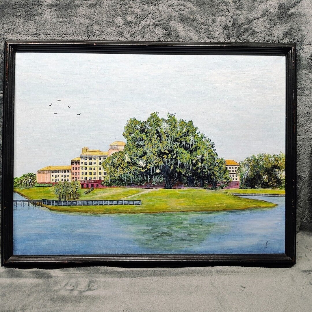 Large Painting on Canvas Building on a Waterway and Large Tree Signed ...