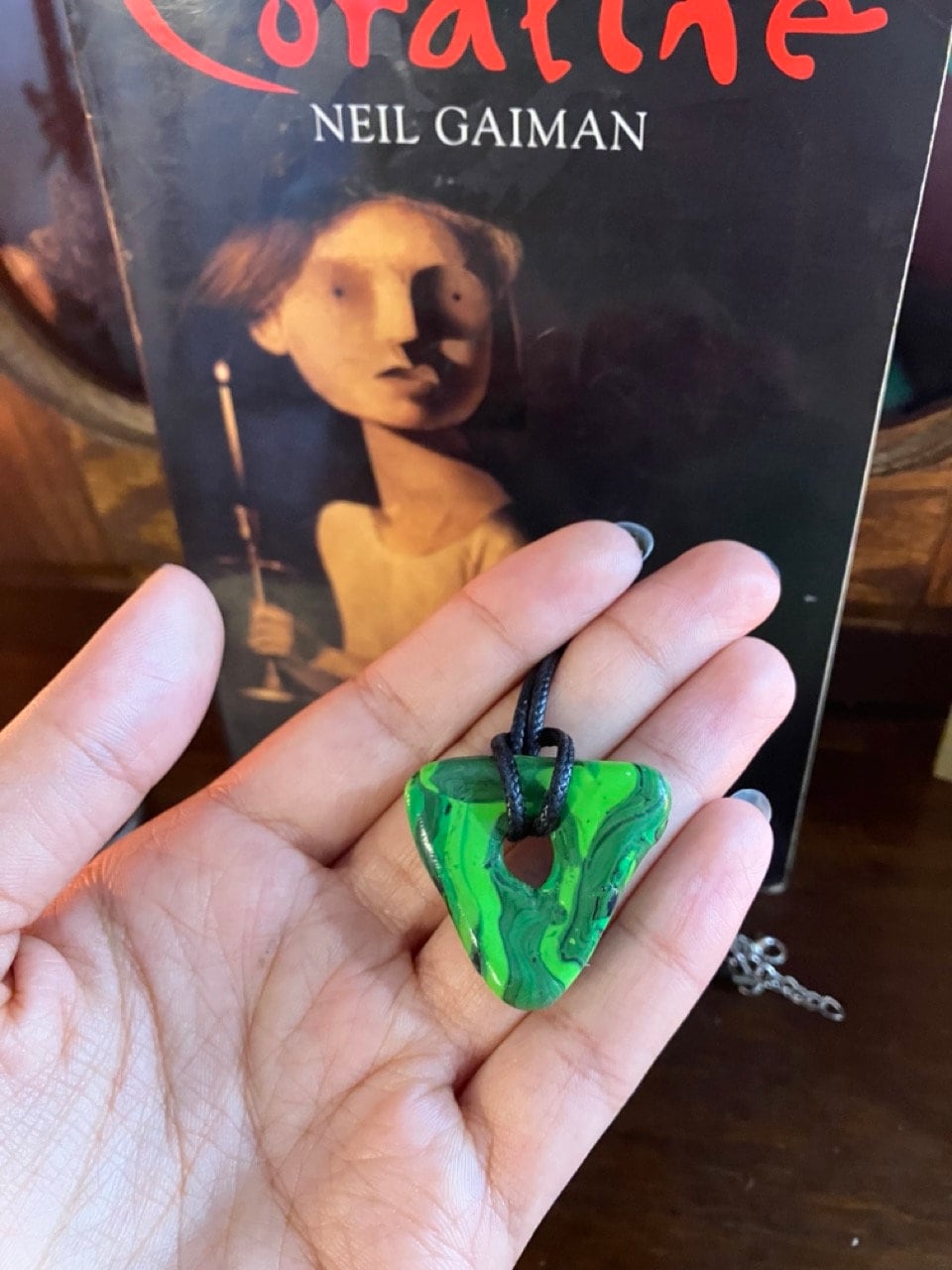 Coraline Seeing Stone Pendant Necklace in Green Polymer Clay Black Cord ...