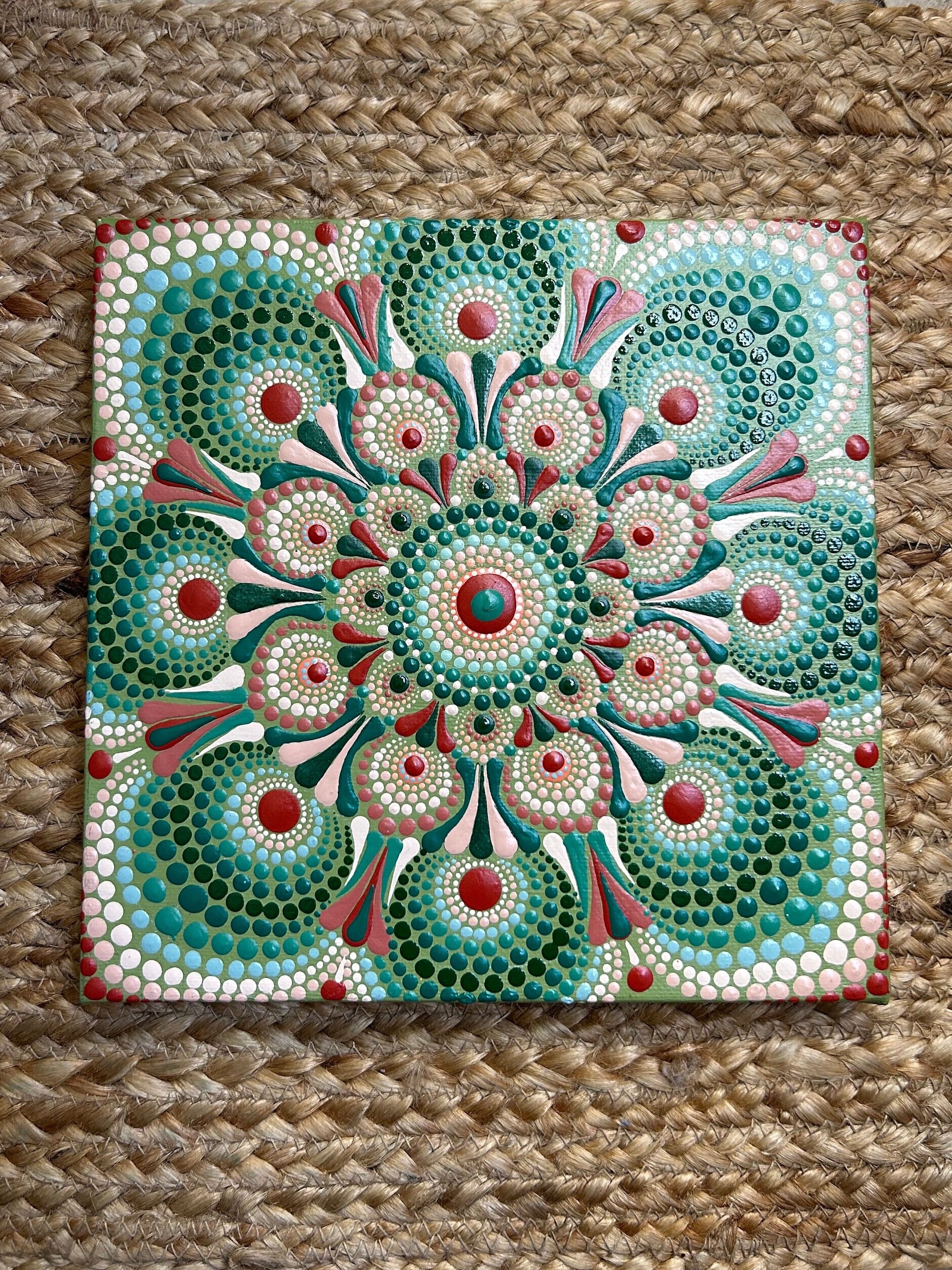 8x8 Dot Mandala Hand-painted Canvas Greens & Neutrals - Etsy