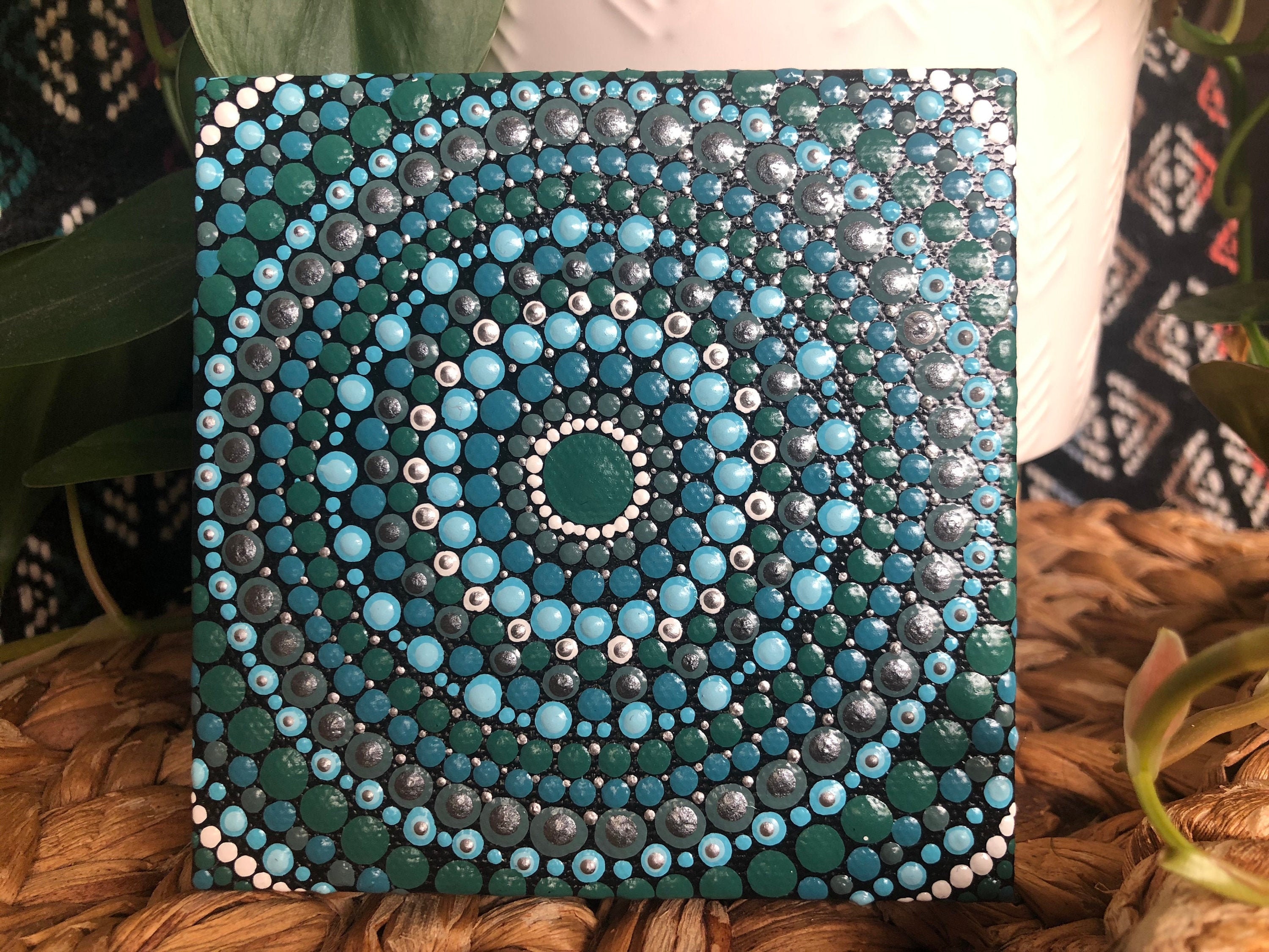 Muted Turquoise & Blue Dot Mandala 4x4 Canvas Painting | Etsy