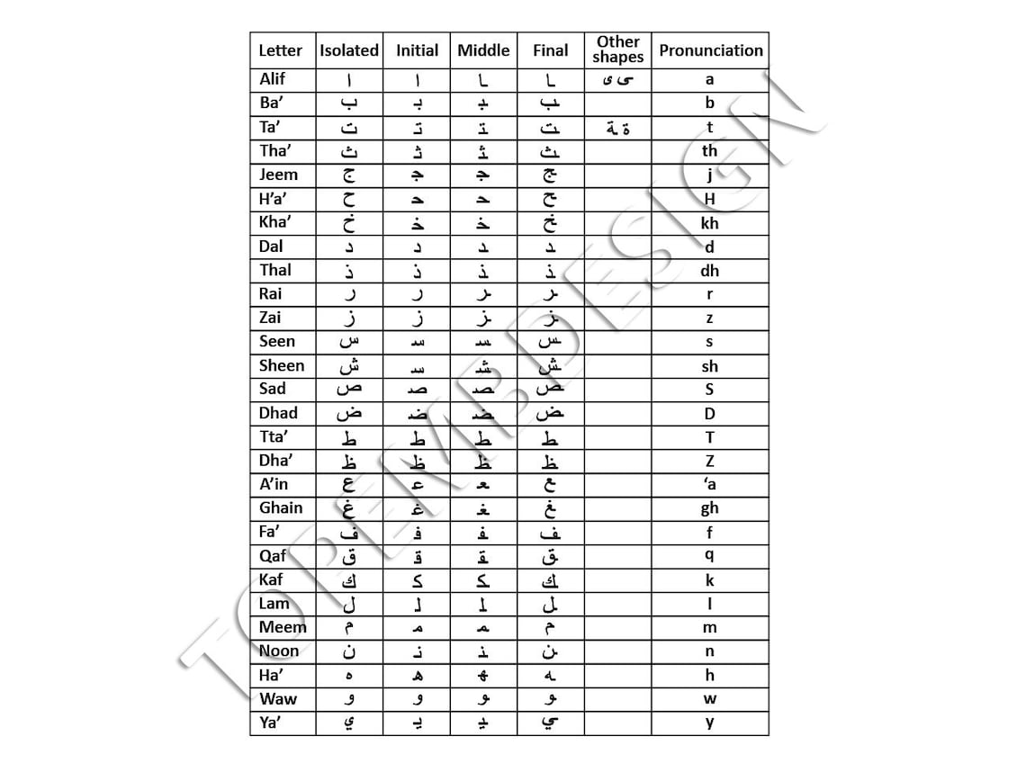 Digital, Vector Design, All Arabic Letters Table, Beginning, Middle ...