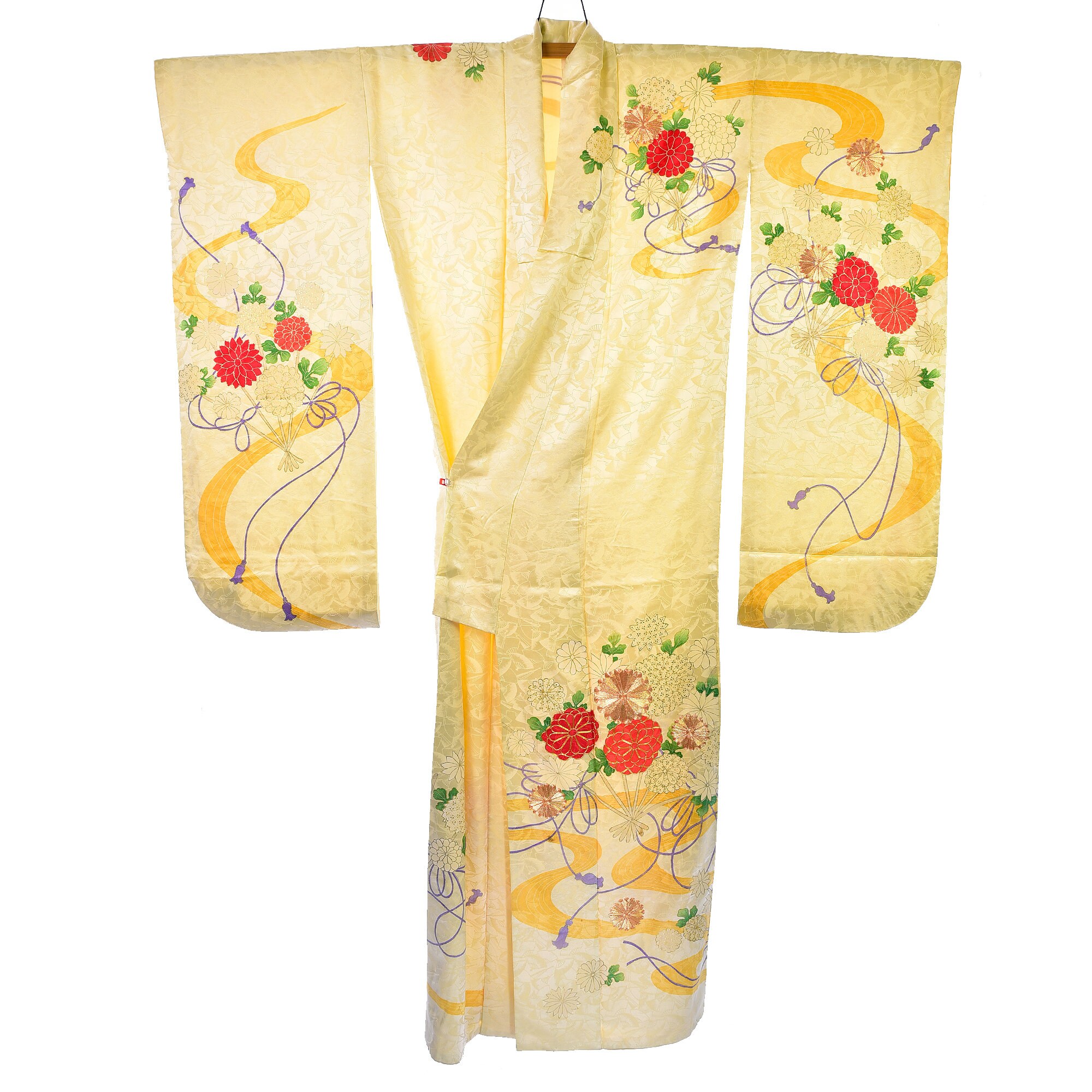 A Japanese Traditional Pastel Yellow Flower Silk Embroidered Furisode ...