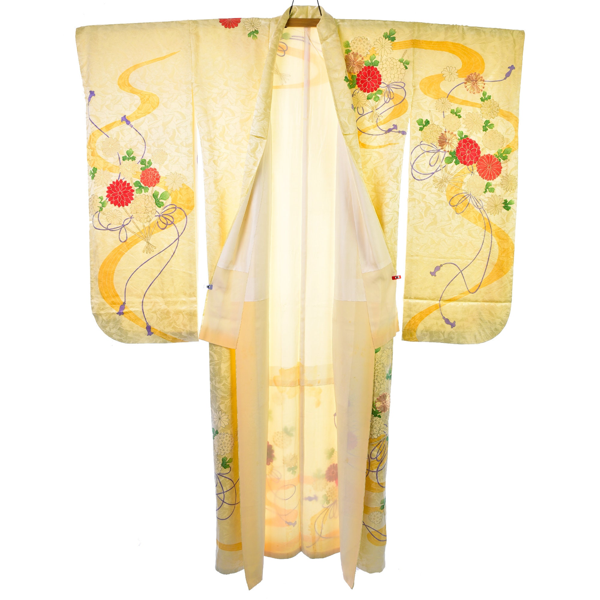 A Japanese Traditional Pastel Yellow Flower Silk Embroidered Furisode ...