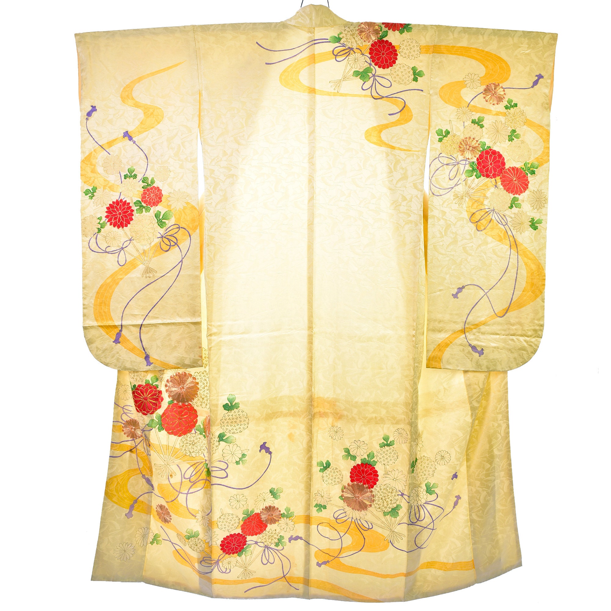 A Japanese Traditional Pastel Yellow Flower Silk Embroidered Furisode ...