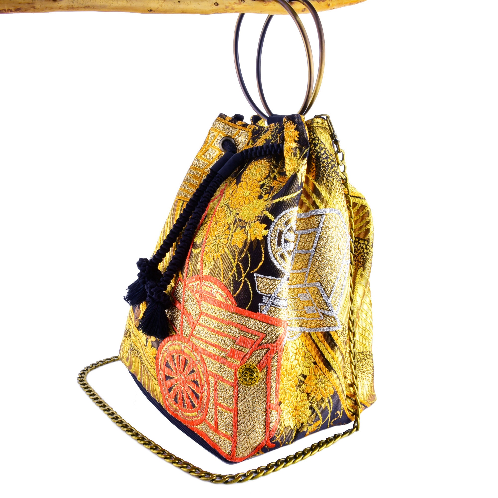 Japanese Vintage Obi Silk Embroidery Bag,red Handbag,kimono Bag,bucket ...