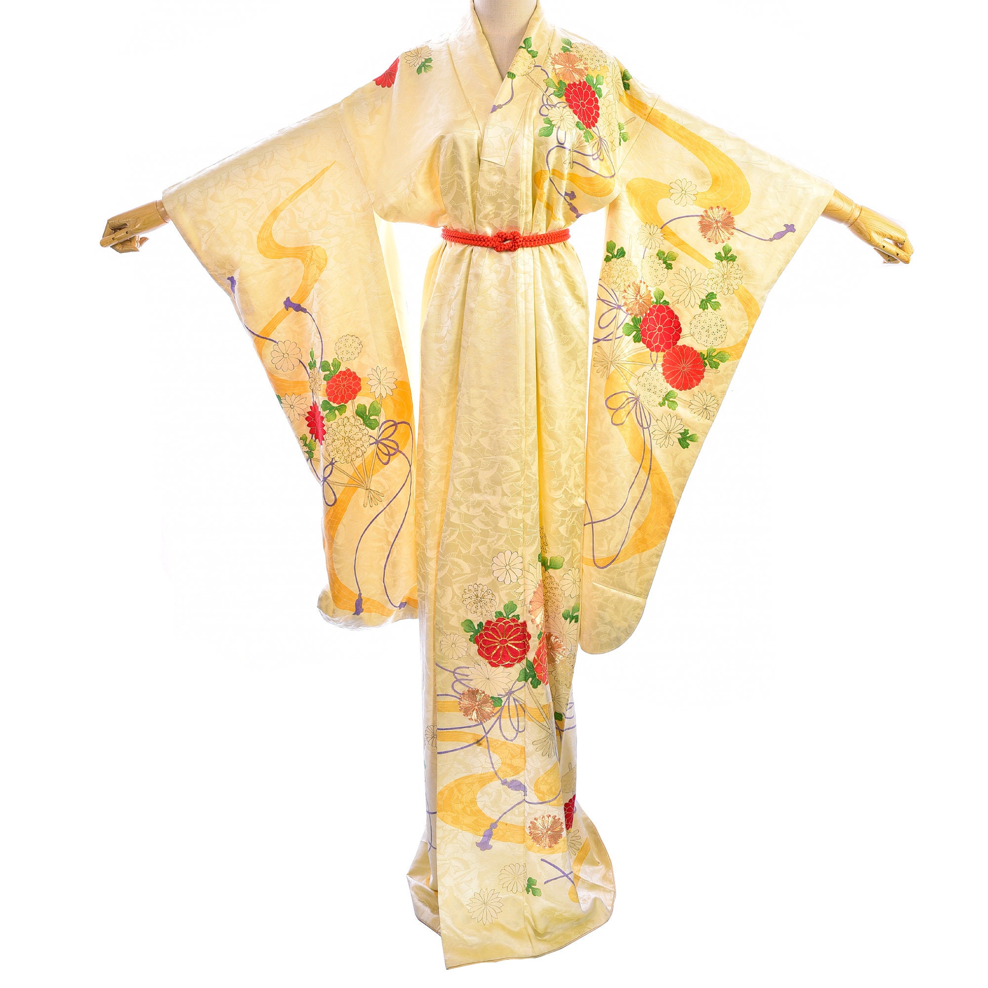 A Japanese Traditional Pastel Yellow Flower Silk Embroidered Furisode ...